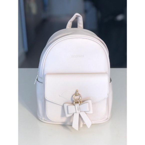 Bags | Women Beige Leather Cute Bowknot Small Backpack With Charm ...